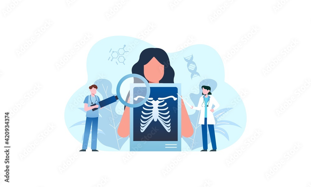 Radiologist concept illustration. Doctor examine x-ray image of human body with computed ...