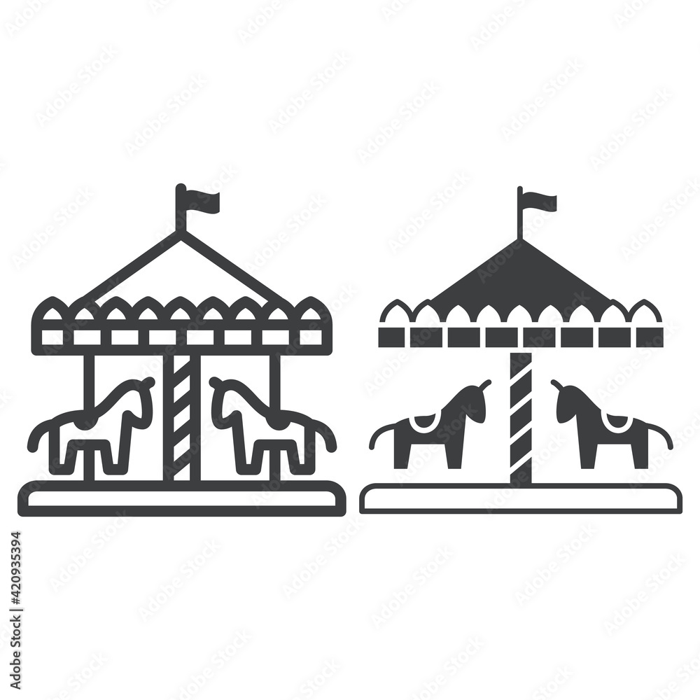Children carousel with horses line and solid icon, The rides concept ...