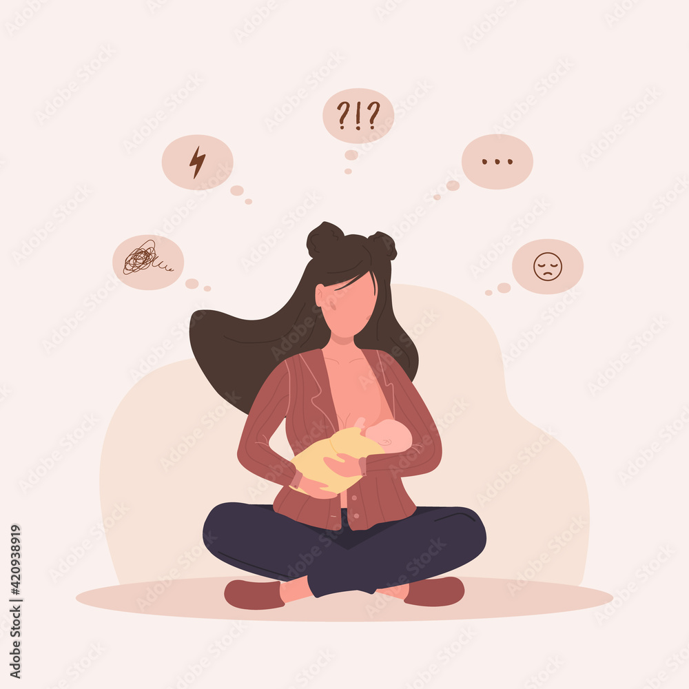 Breastfeeding problems. Postpartum depression. Woman holding newborn ...