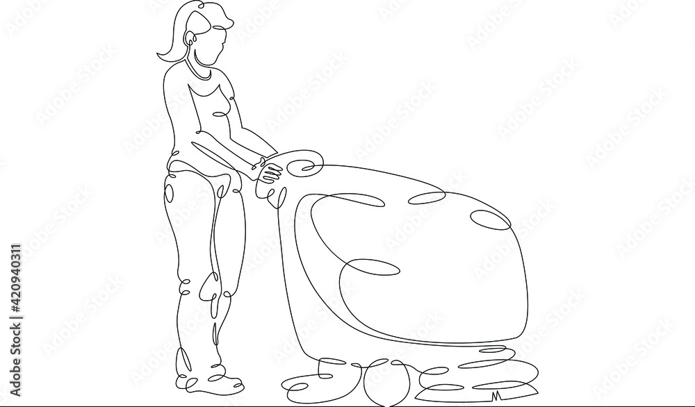 Room cleaning scrubber dryer, wet cleaning. Woman is cleaning the house ...