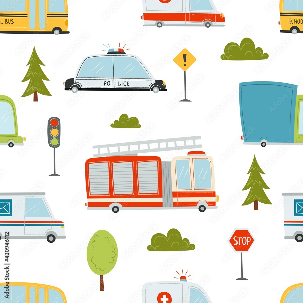 Seamless pattern with cute cartoon cars. Ambulance, fire truck, police ...