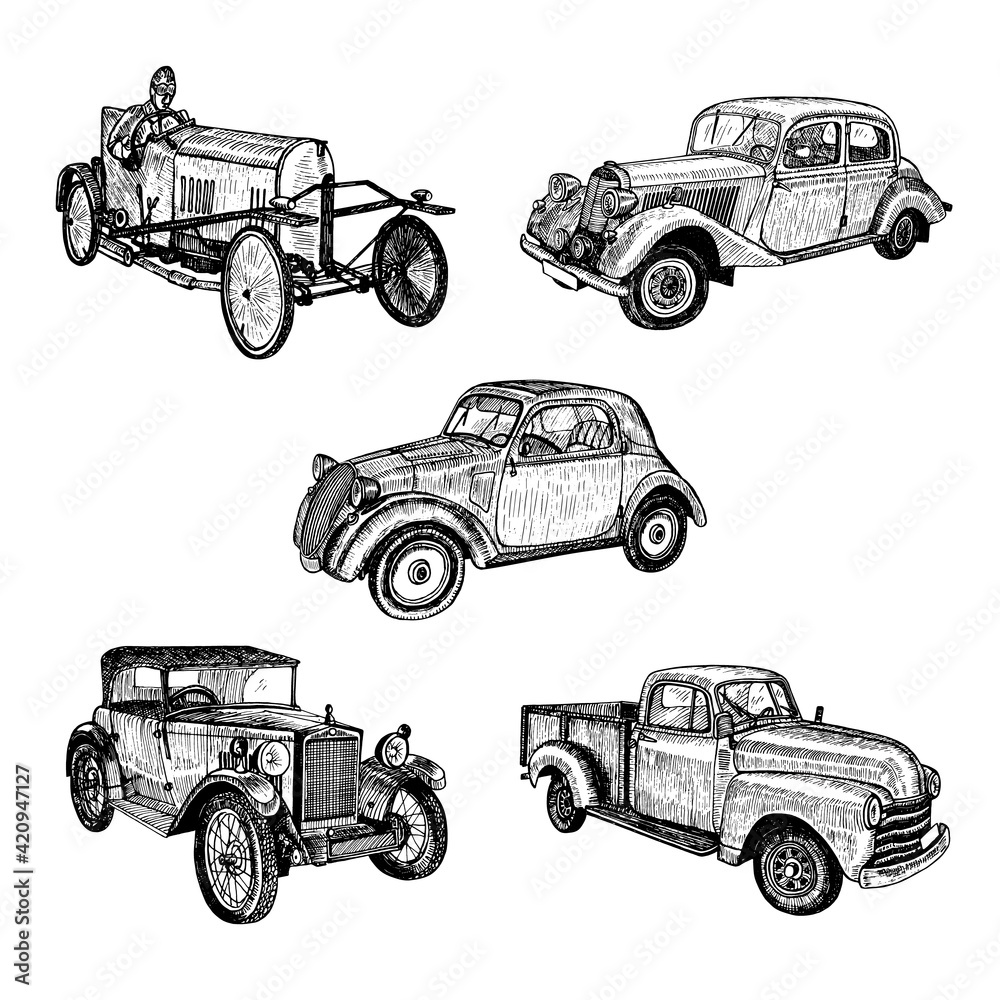 Set of the hand drawn vintage retro old timer cars and racing car ...