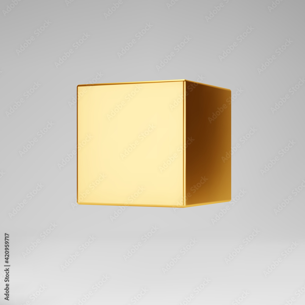 3d gold metallic cube isolated on grey background. Render a rotating ...