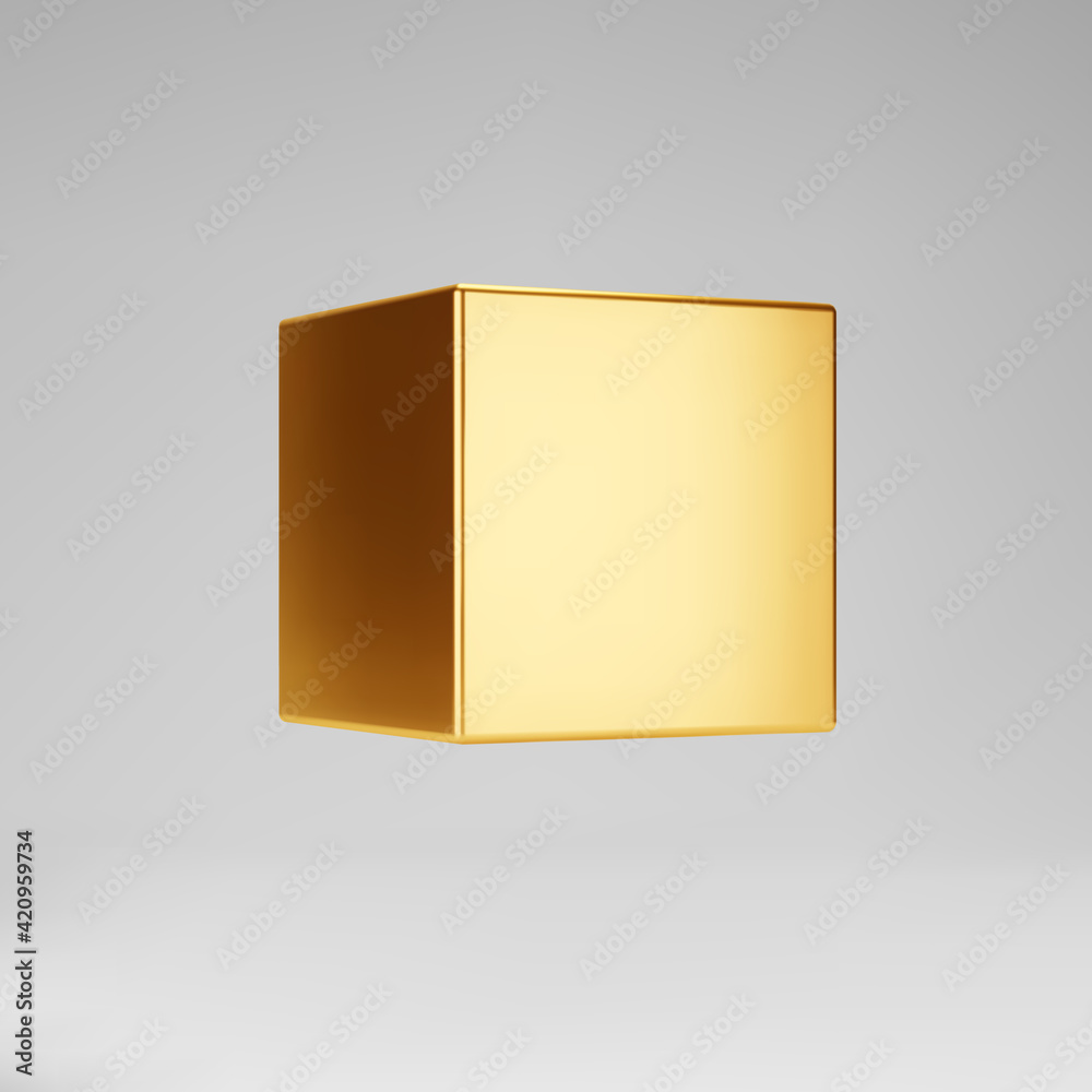 3d gold metallic cube isolated on grey background. Render a rotating ...