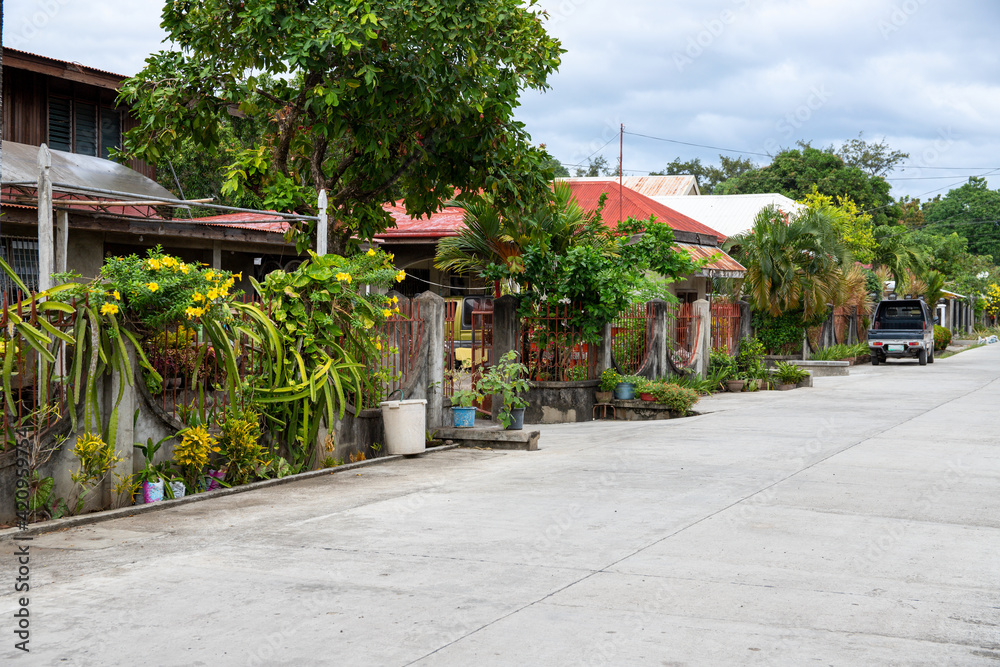 Asian village street view with modern houses and green plants. Tropical ...