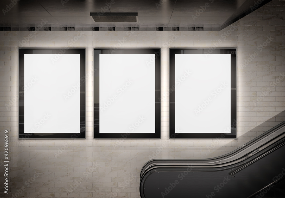 Three vertical billboards glowing on underground wall Mockup. Hoardings ...