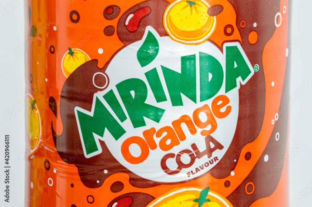 Pruszcz Gdanski, Poland - March 16, 2021: Logo of Mirinda on orange ...