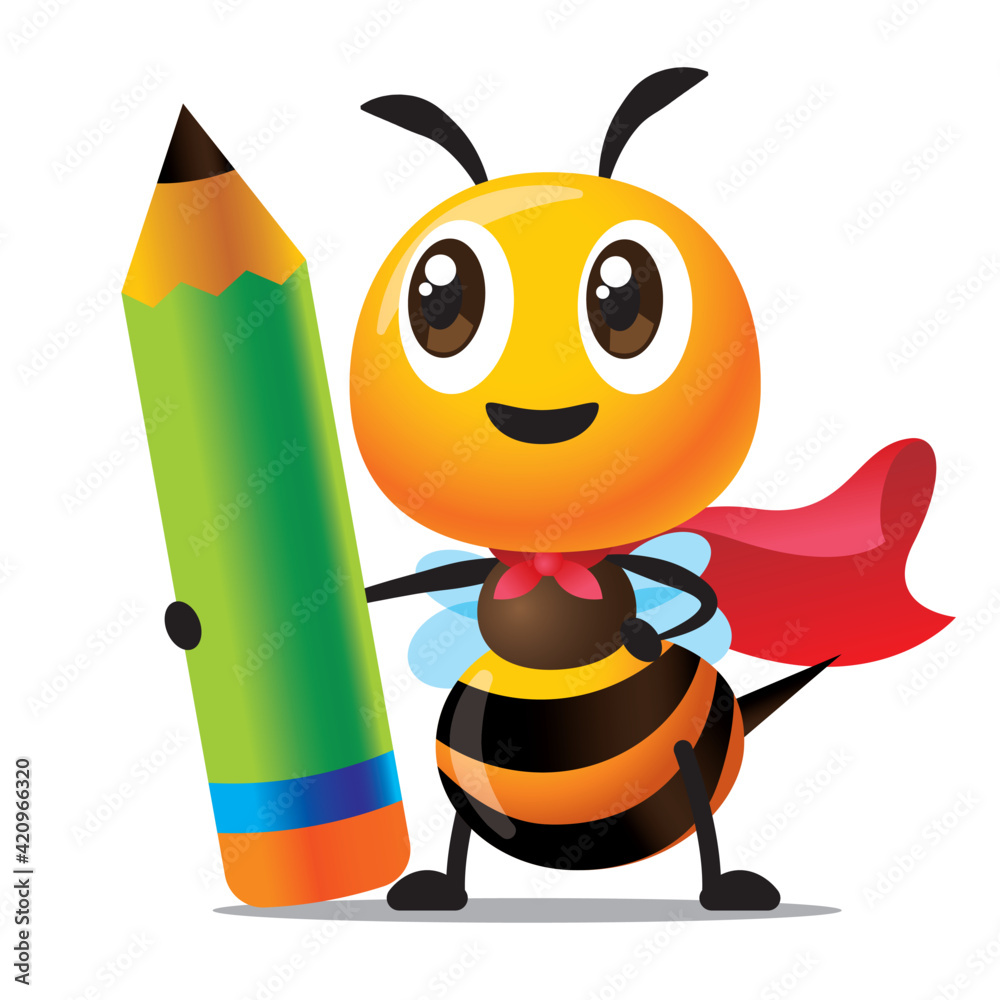 Back to school. Cartoon cute bee character wearing red cloak and ...