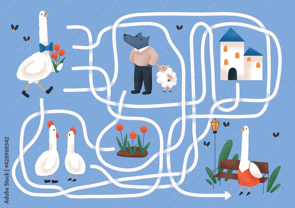 Kids labyrinth puzzle with cute animals. Maze game with paths. Childish ...