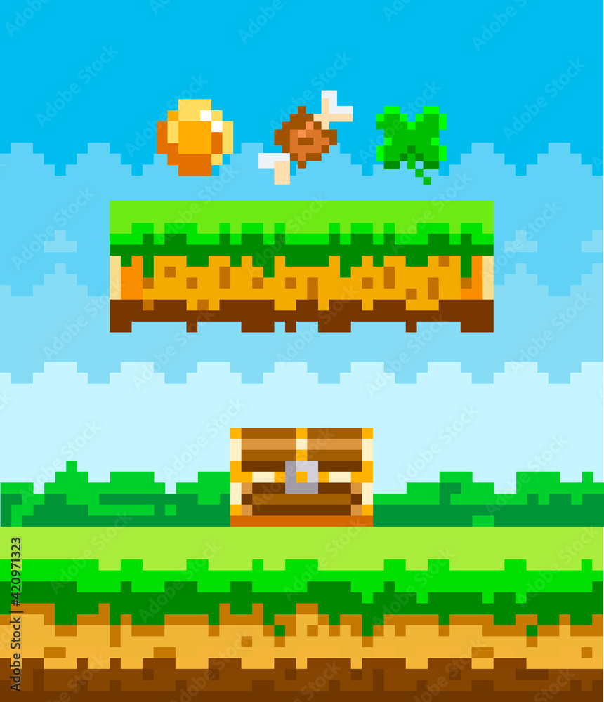 Pixel game interface layout design with coin leaf chest and meat bone ...