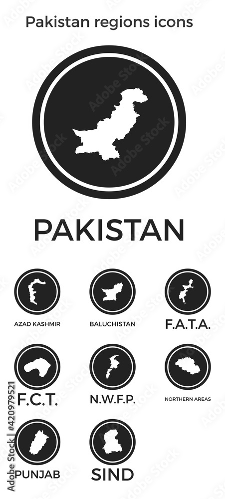 Pakistan regions icons. Black round logos with country regions maps and ...
