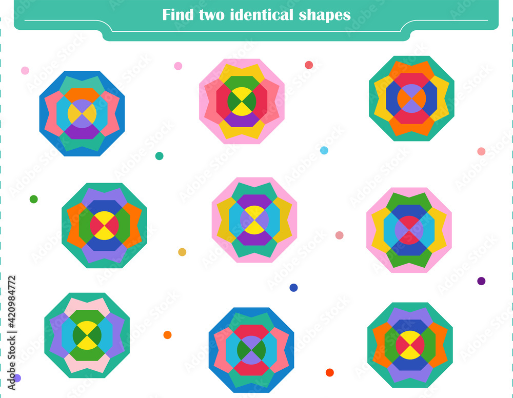 Logic game for children. Find two identical shapes. Development of attention, memory, thinking ...