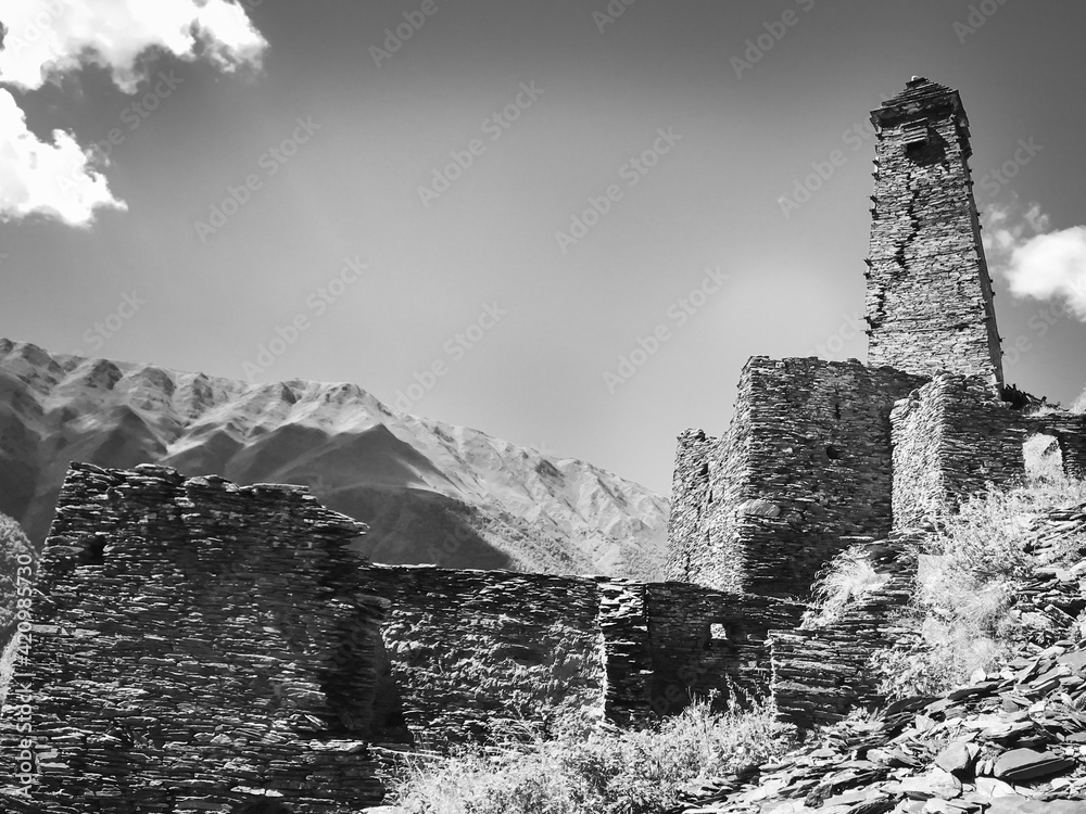 Black and white Kvavlo old city building ruins in Dartlo village ...
