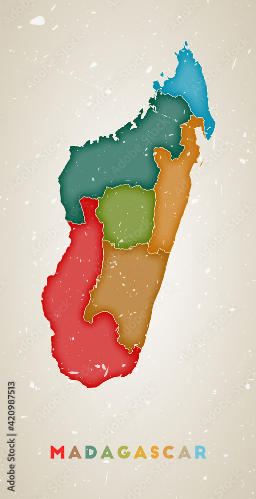Madagascar map. Country poster with colored regions. Old grunge texture ...