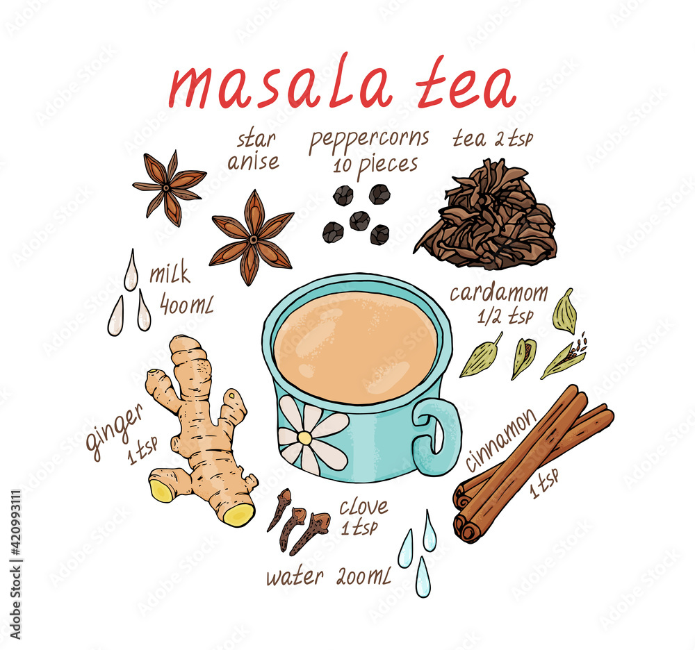 Vector graphics of Indian masala tea recipe isolated on white ...