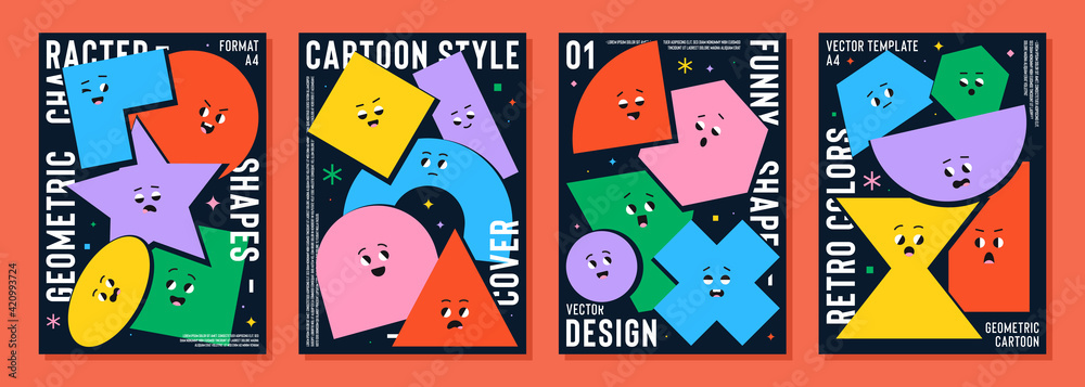 Poster set with cute cartoon geometric figures with different face ...