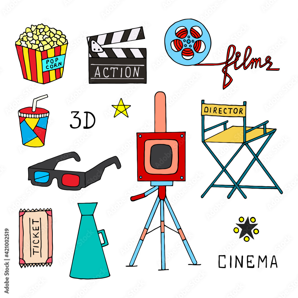 Bright vector set with cinema elements on white background. Stock ...