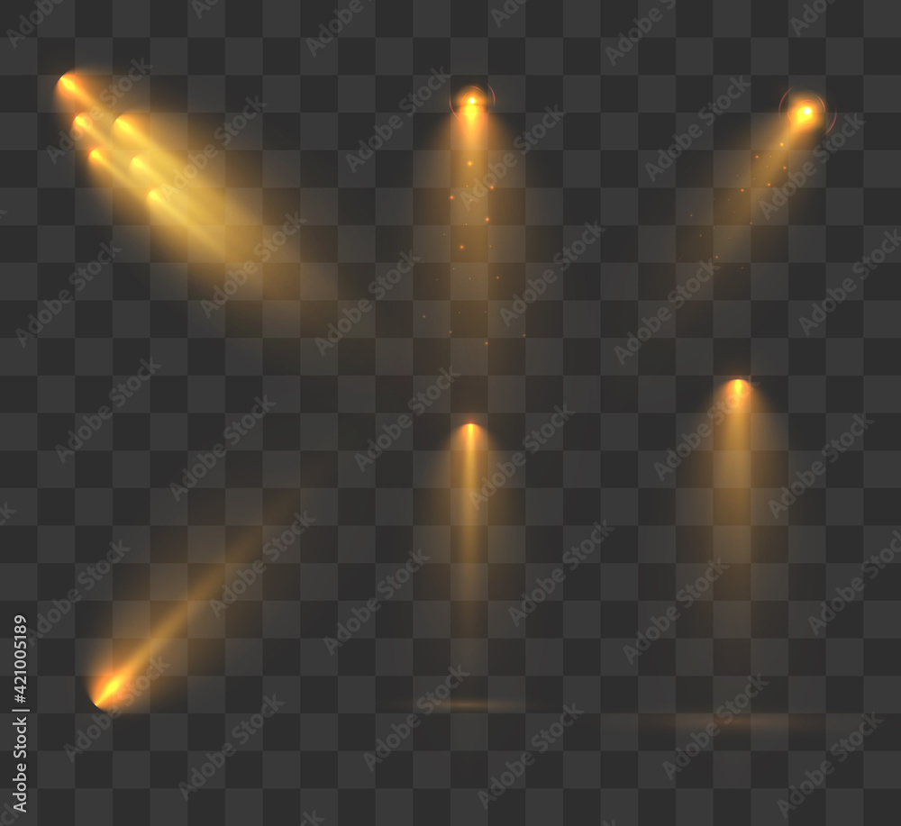Spotlights set isolated on transparent background. Vector glowing light effect with golden rays ...