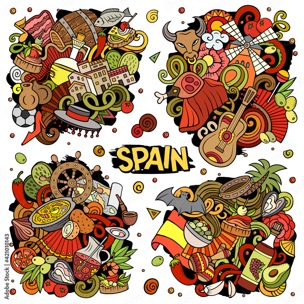 Spain cartoon vector doodle designs set. Colorful detailed compositions ...