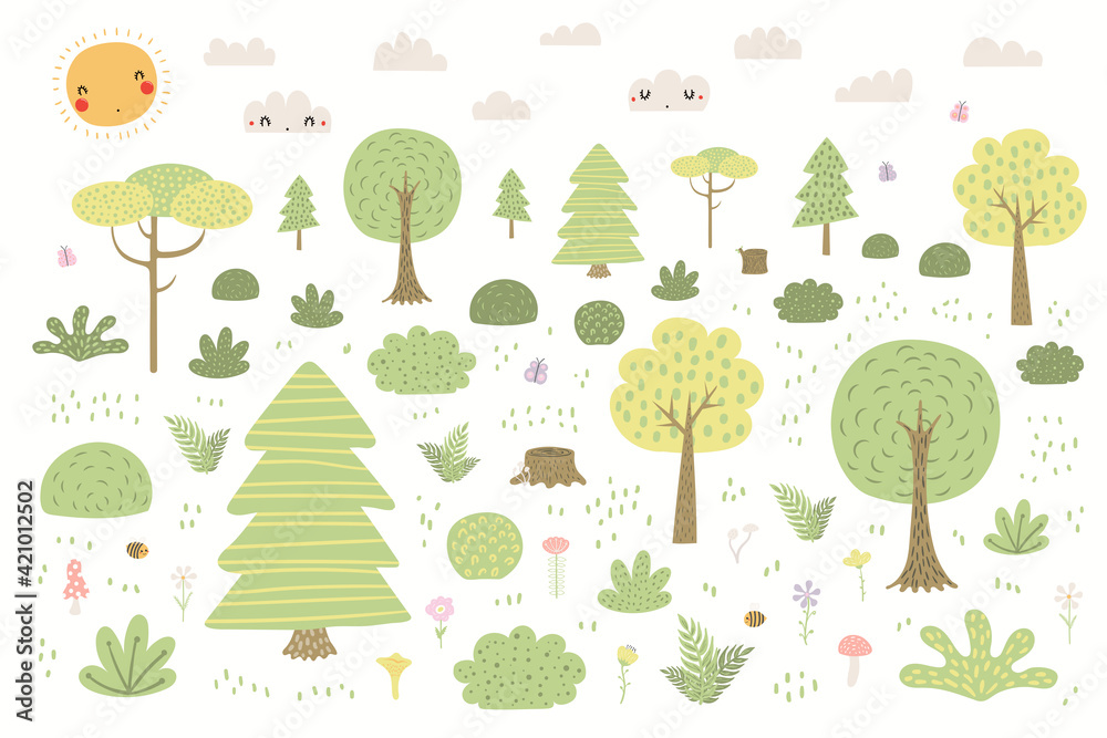 Cartoon woodland landscape, forest scene, isolated on white background ...