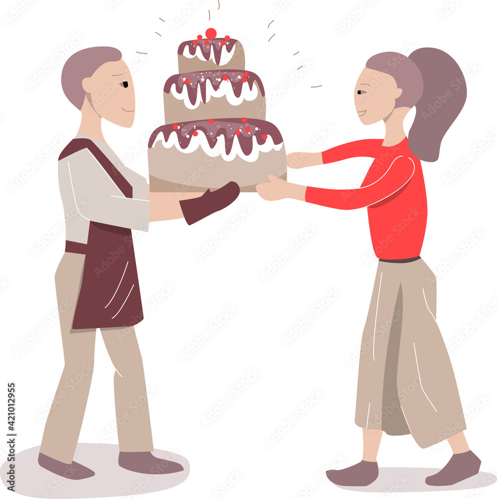 Baker giving big cake to female customer. Illustration can be used for ...