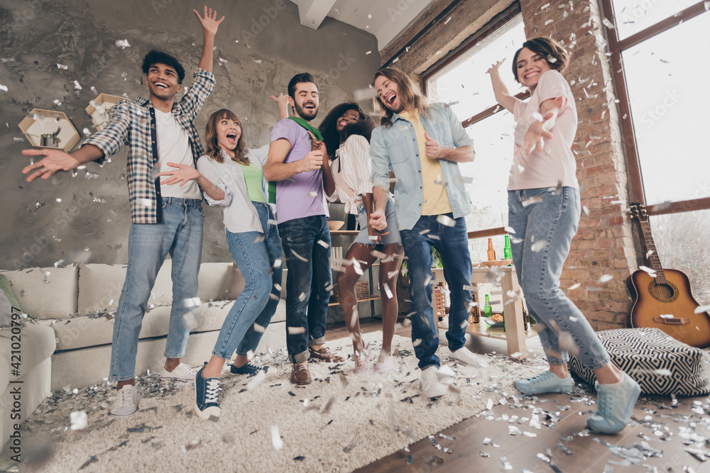 Full length photo of funky joyful group of people diversity party dance ...