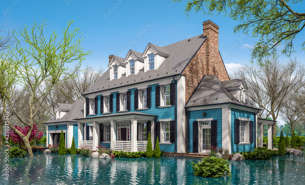 3d rendering of classic house in colonial style in spring water ...