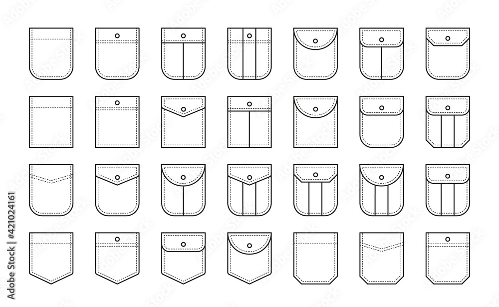Set of patch pocket icons for shirts and other clothing. Isolated line ...