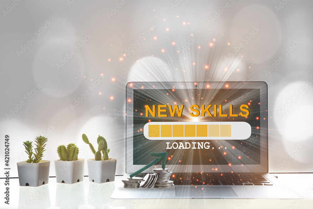 New skills loading with stack of coins and arrow upward on computer ...
