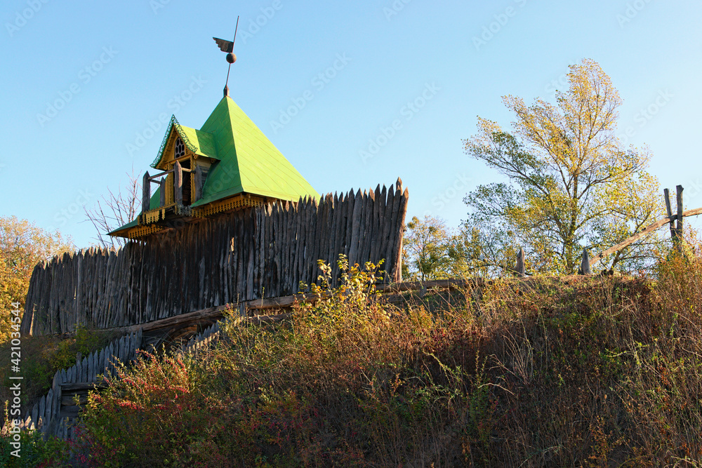 Pereyaslav, Ukraine-October 14, 2020:Wooden palisade of ancient ...