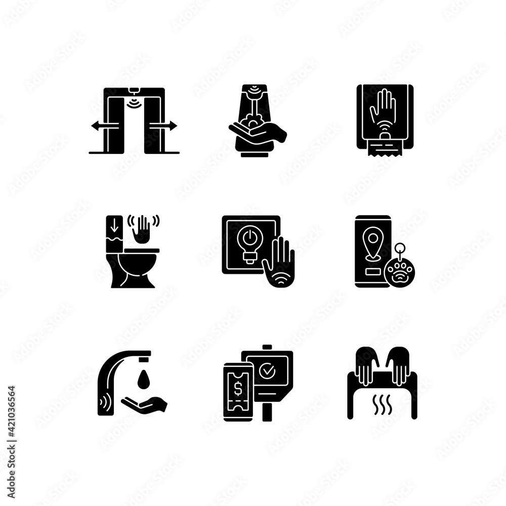Contactless technology black glyph icons set on white space. Smart ...
