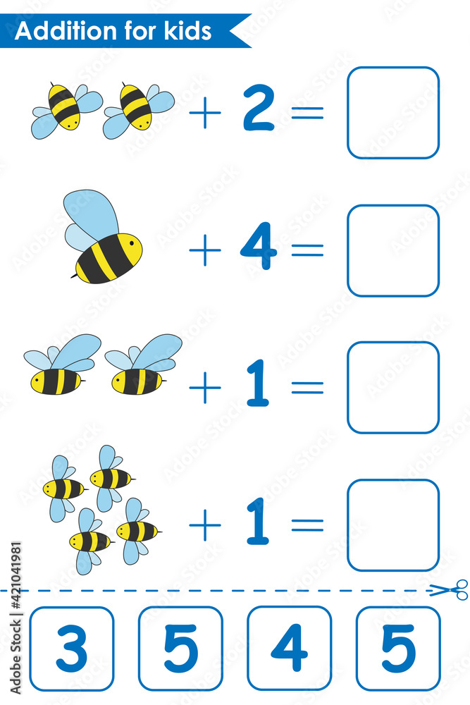 Addition game with cute bees. Math game for kids. Solve the equations ...