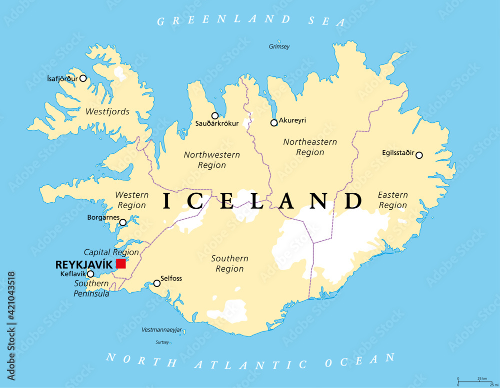 Regions of Iceland, political map, with capital Reykjavik. Eight ...
