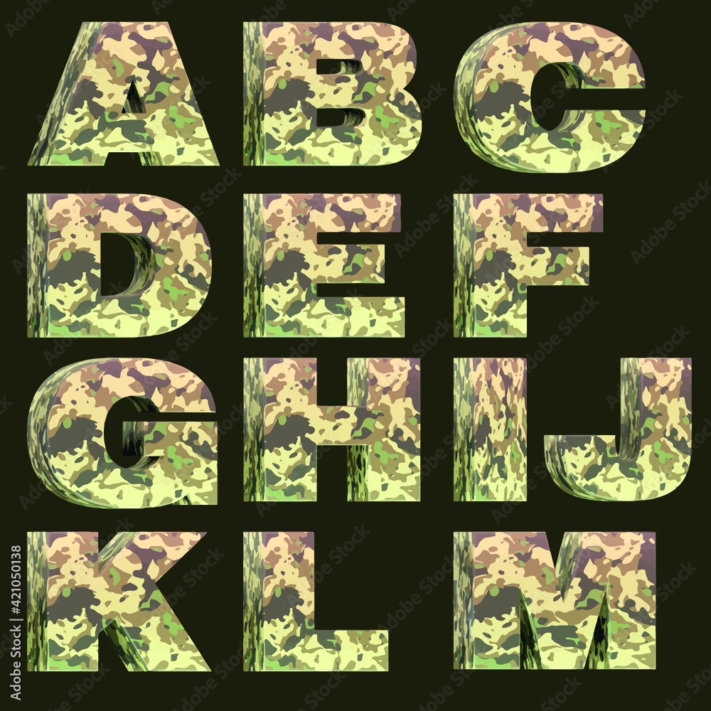 Military alphabet font. Army stencil lettering with camouflage ...