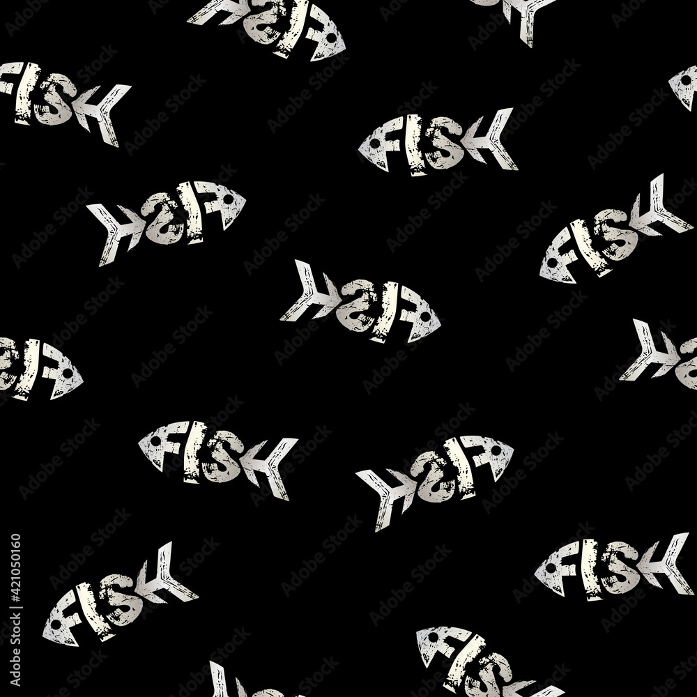 Seamless pattern with fish on a black background Lettering grunge ...