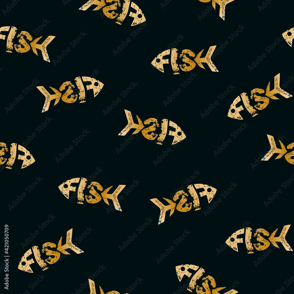 Seamless pattern with golden fish on a dark background Lettering grunge ...