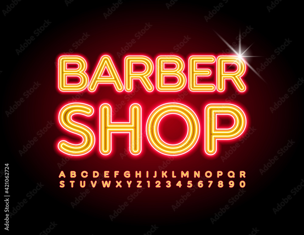 Vector trendy logo Barber Shop. Glowing light Font. Bright Neon ...