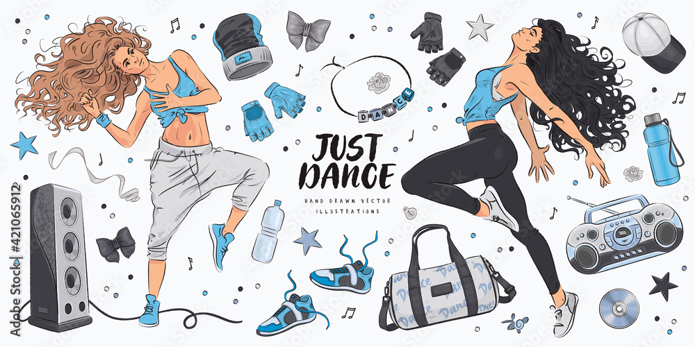 Hand drawn sketch dance studio set. Vector illustration of happy young ...
