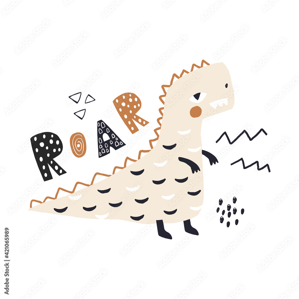 Cute hand drawn dinosaur say ROAR with lettering. Cartoon dino illustration in scandinavian ...