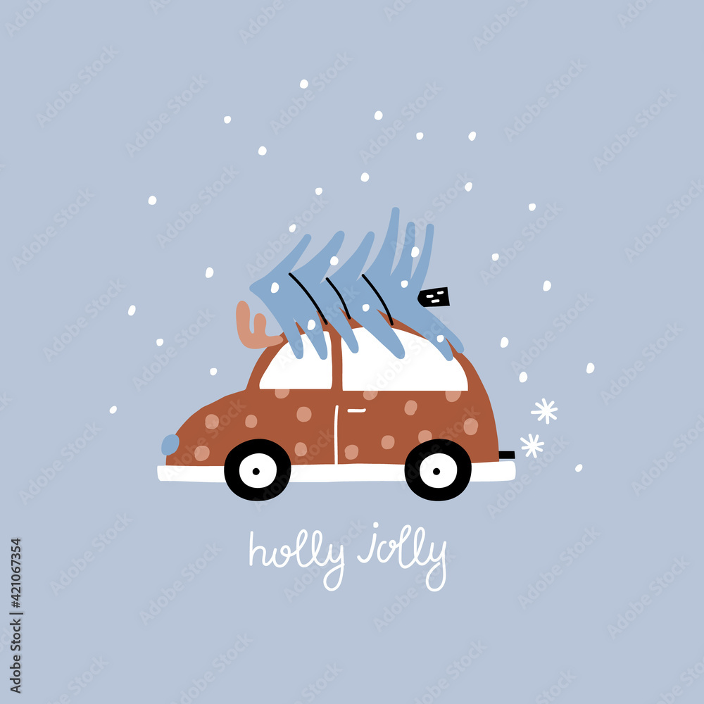 Cute cartoon car driving with a Christmas Tree on the roof. Holiday ...