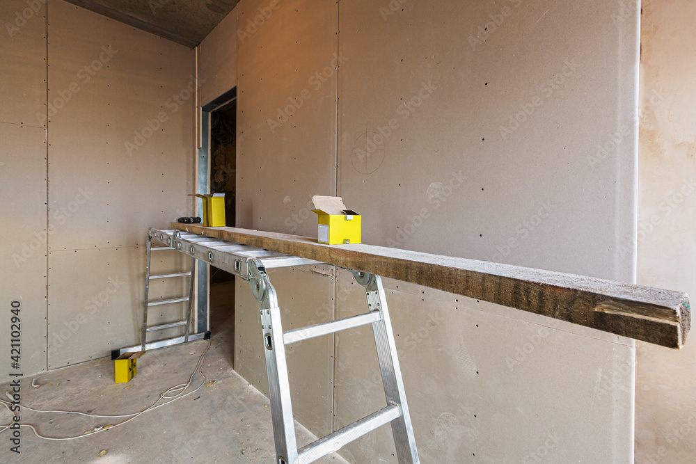 Working process of installing metal frames for plasterboard -drywall ...