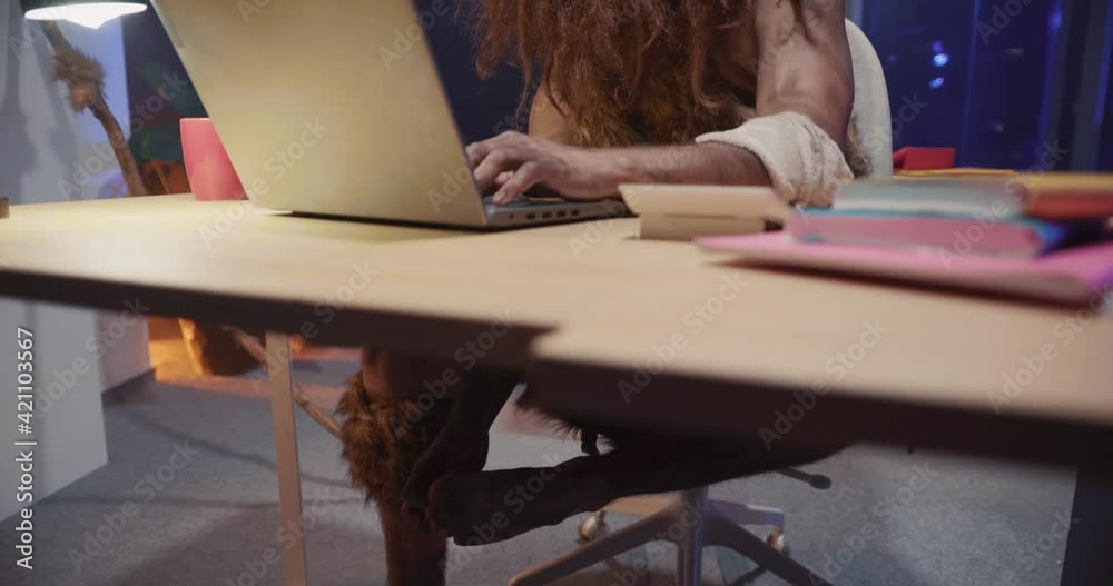 Full-length shot of nomadic prehistoric human homo sapiens brutal ...