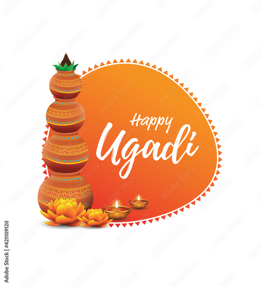 Happy Ugadi Sticker Banner Design Vector Template with pooja Kalash ...