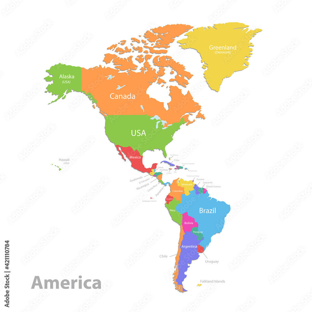 America map, separate individual states with state names, color map ...