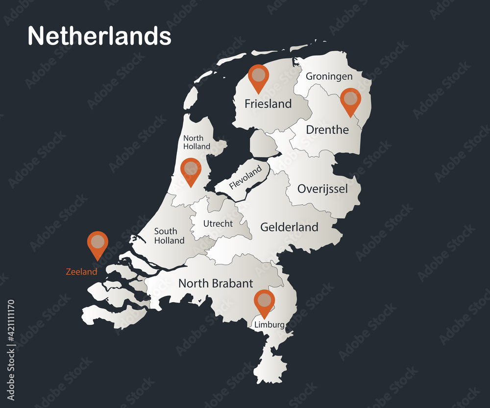 Netherlands map, Infographics flat design colors snow white, with names ...