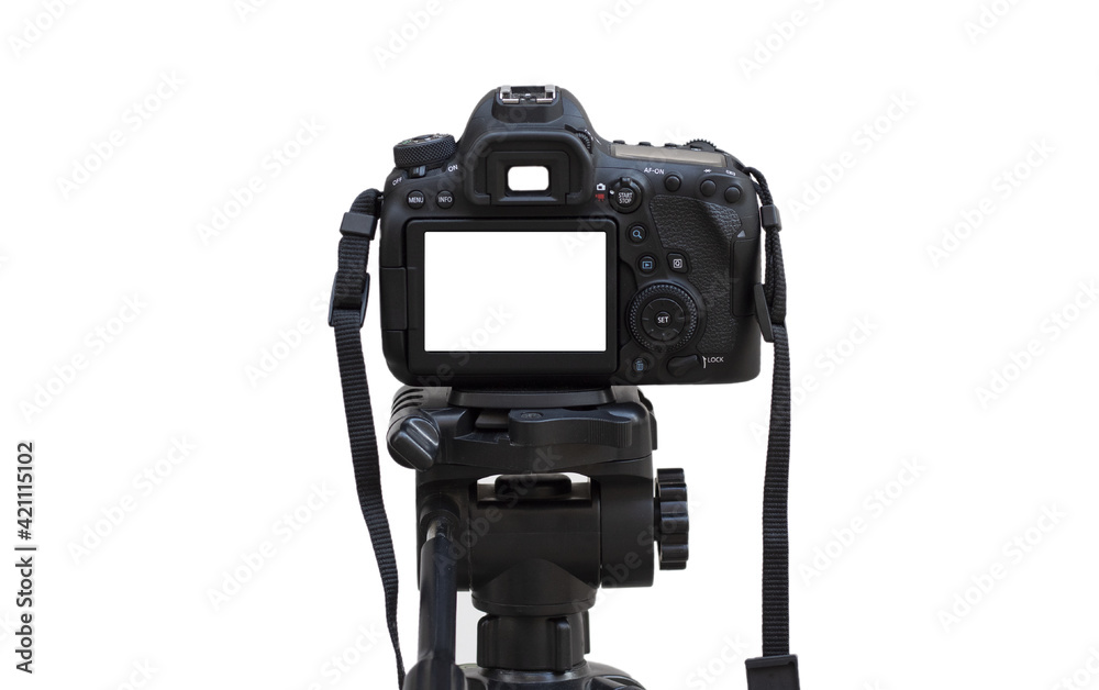 Dslr camera with white screen on the tripod isolated on white ...