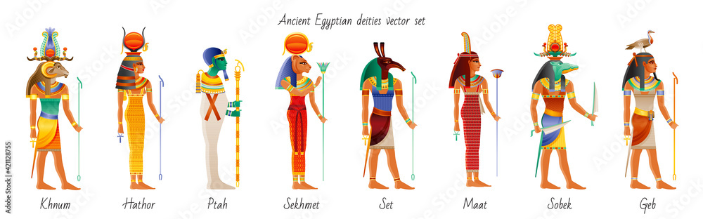 Ancient god goddess from Egypt icon set. Khnum, Hathor, Ptah, Sekhmet, Set, Maat, Sobek, Geb ...