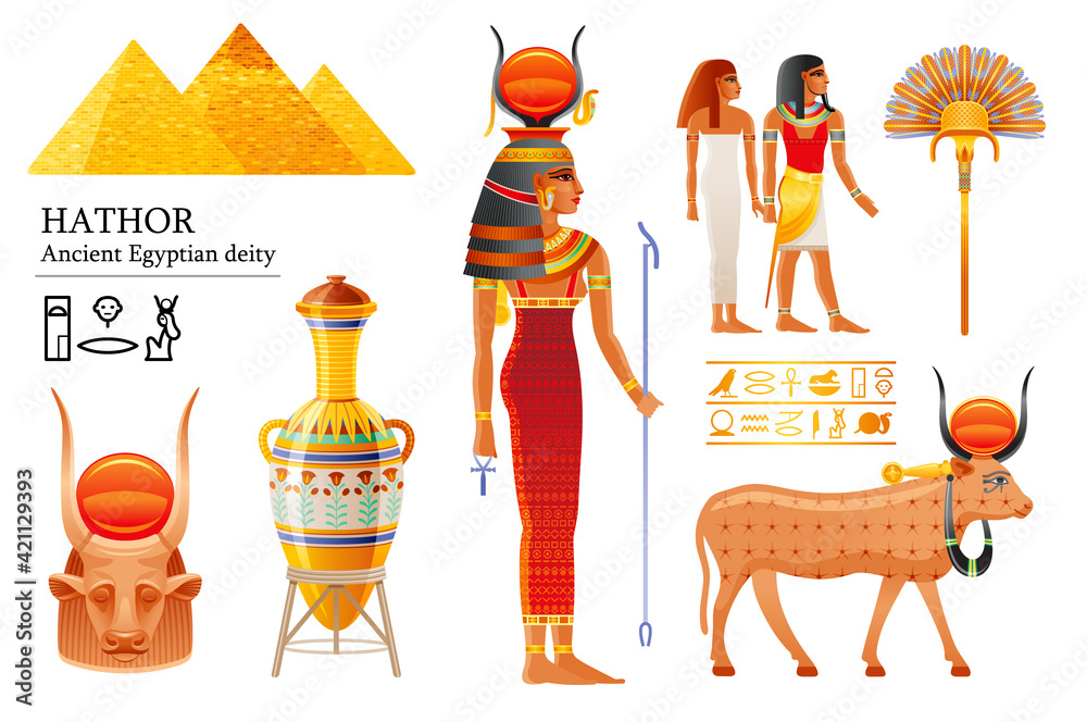 Hathor Egyptian goddess set, sky deity with sun, cow horns. Ancient ...