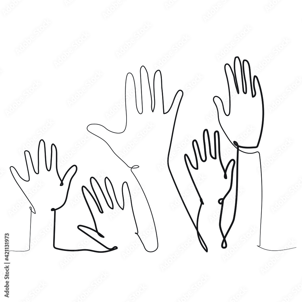 Hands up. Vector line drawing black and white illustration with hands ...