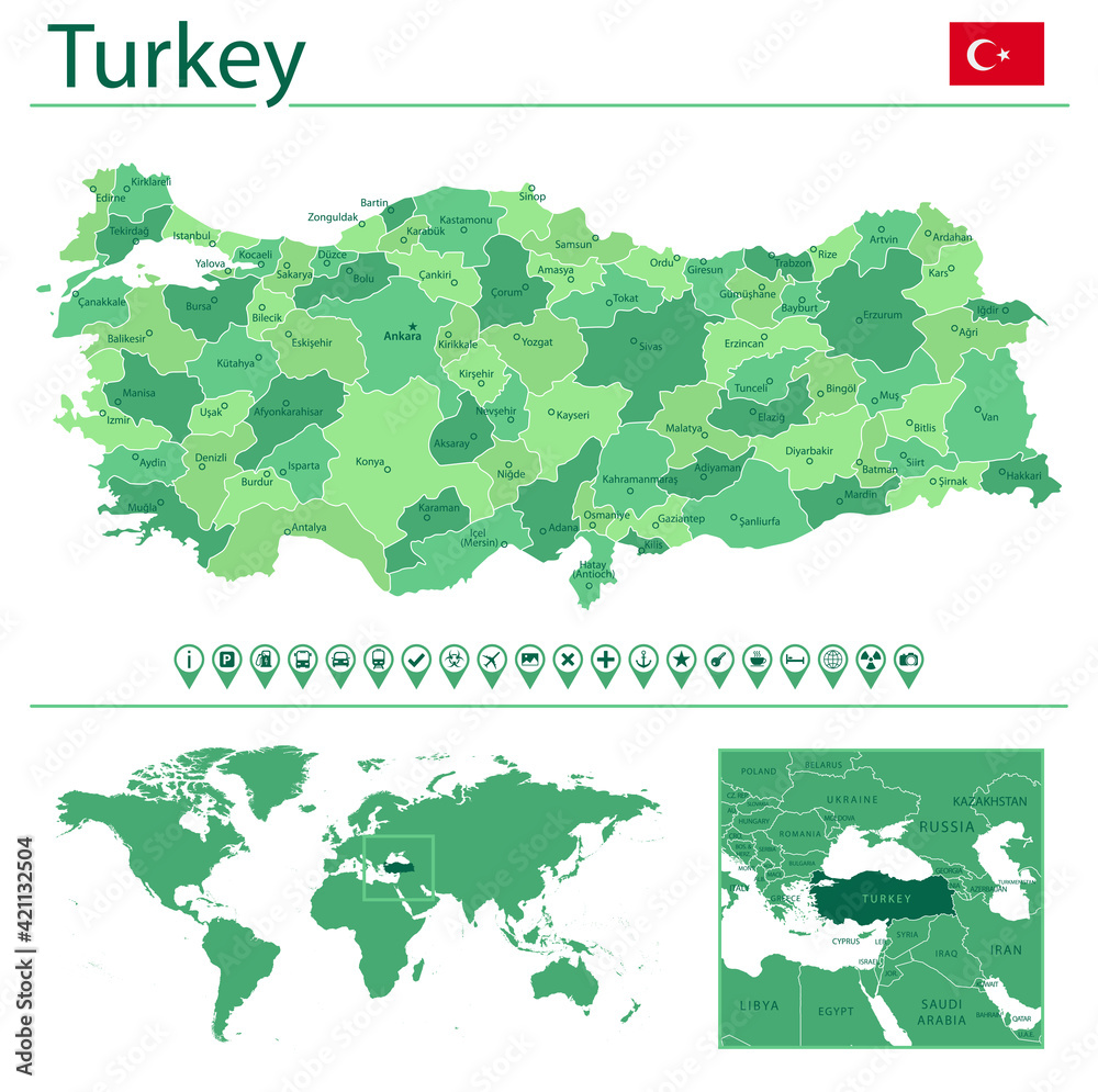 Turkey detailed map and flag. Turkey on world map. Stock Vector | Adobe ...
